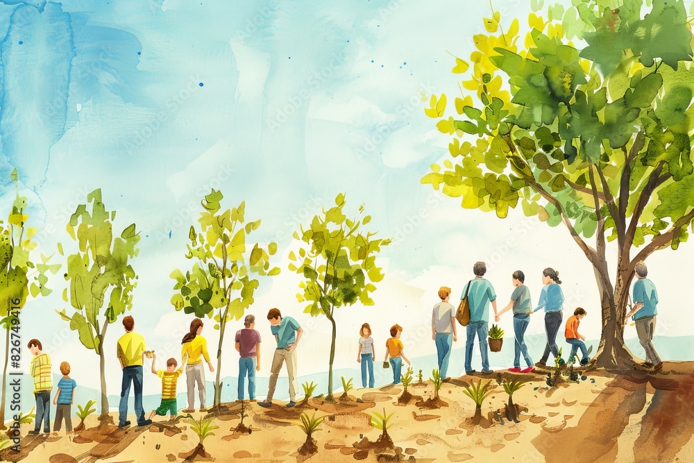 A depiction of a tree planting event with people of all ages ...