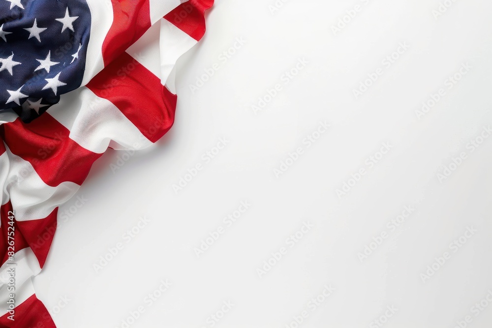 American flag draped on white background. Patriotic theme and national ...