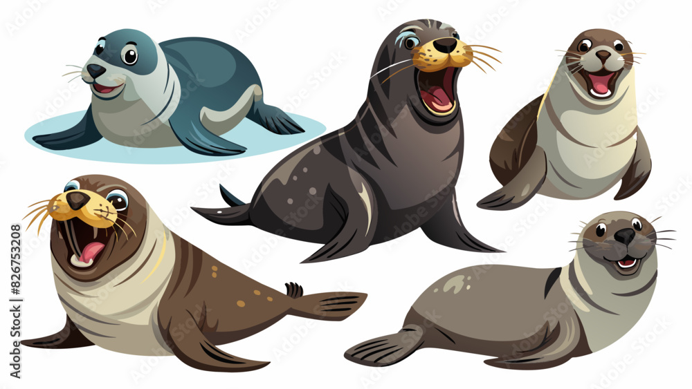 Vetor de Seal Vector Set, In Different Poses Like Sitting And Standing ...
