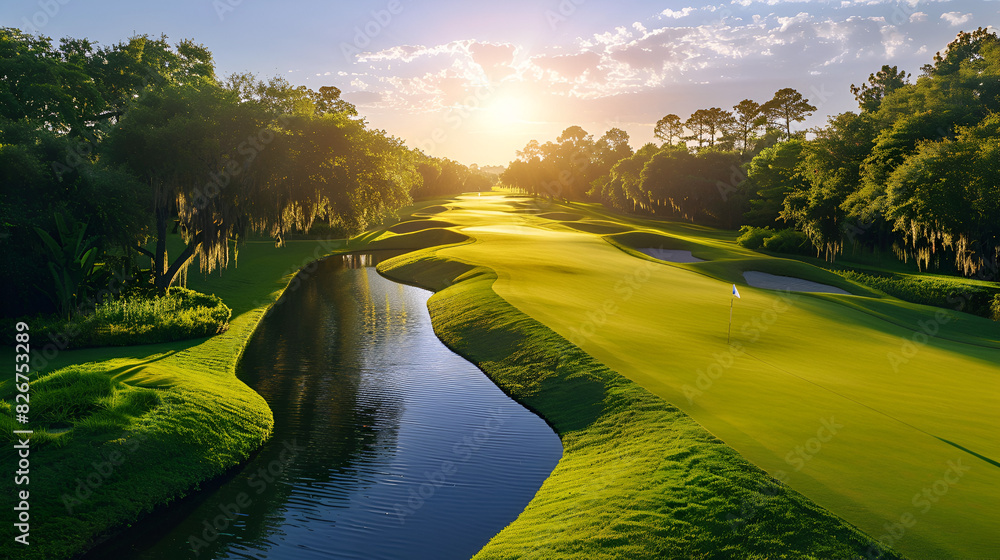 Early morning golf course, large field, sand and grass A golf green ...