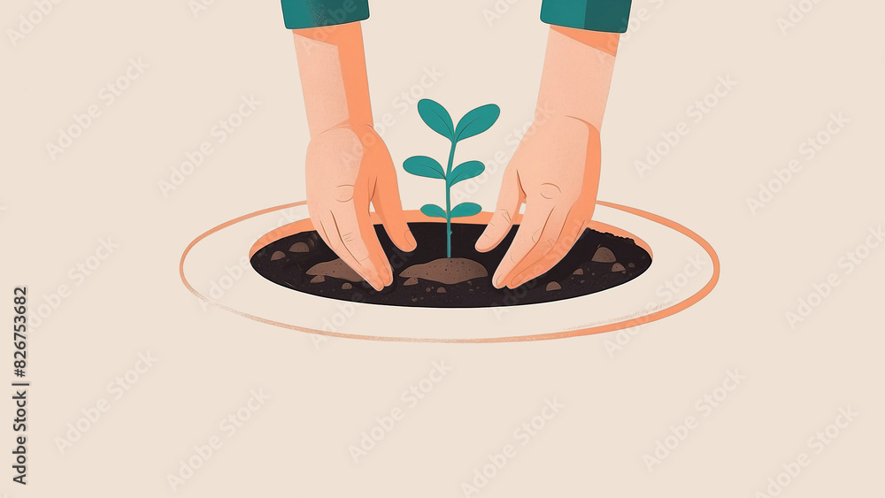 Human hands planting a tree in a pot. flat style concept of seedling ...