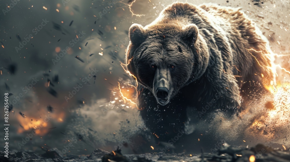 Lightning effect with a bear attacking in motion vintage tone ...