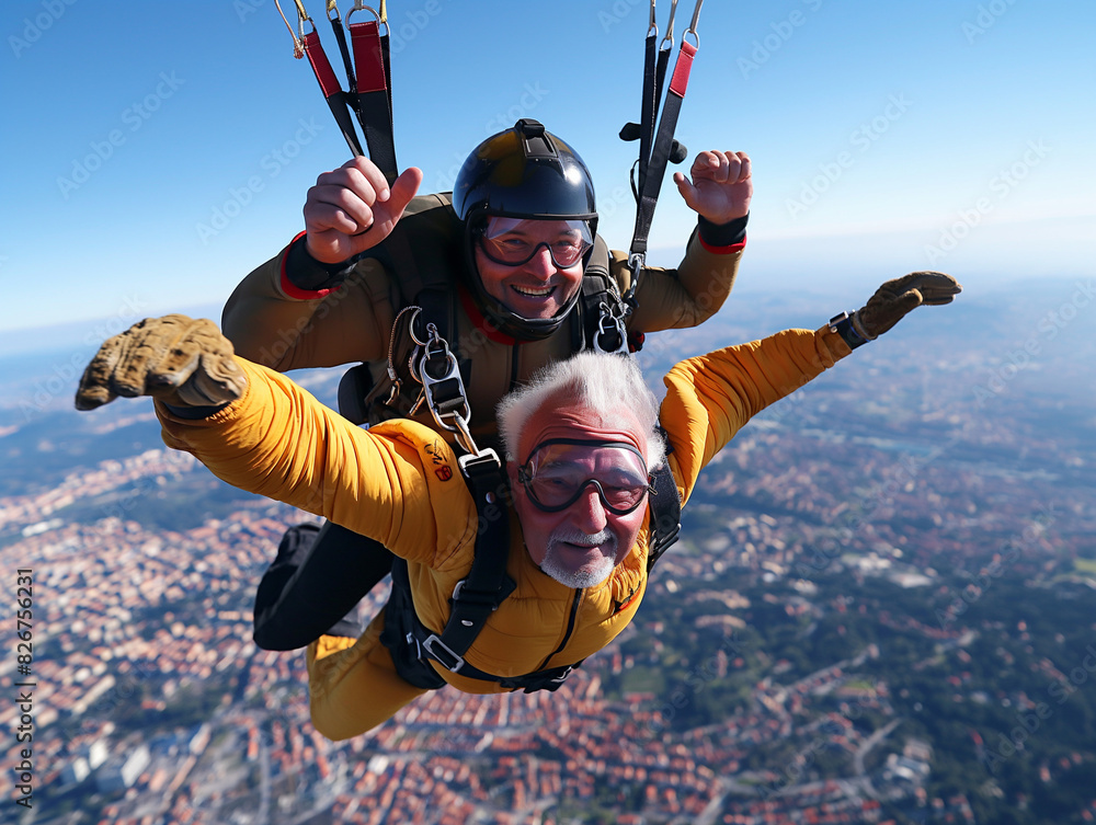 old man skydiving with guide, back view, adrenaline and adventure ...