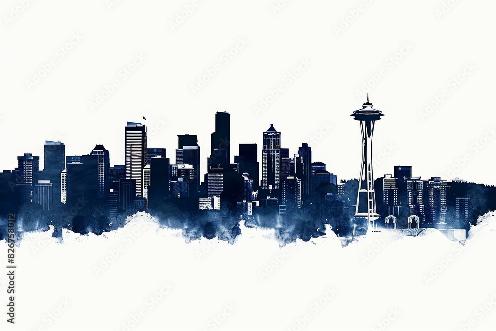 Artistic Seattle skyline illustration featuring iconic Space Needle and ...