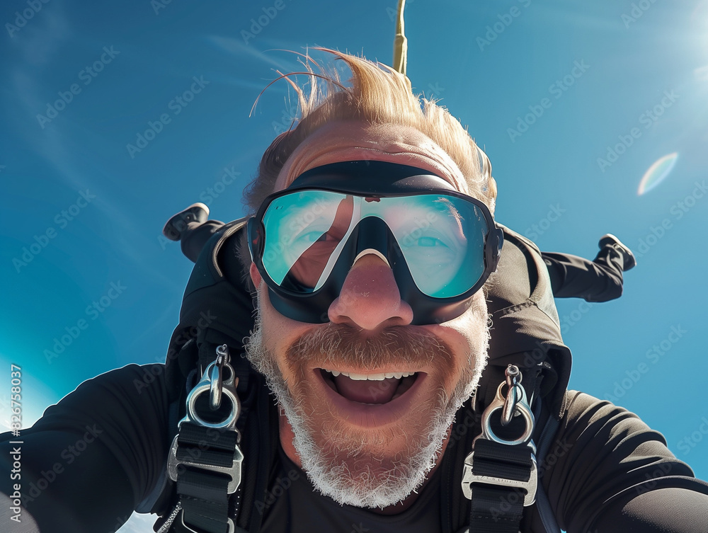 old man skydiving with guide, back view, adrenaline and adventure ...