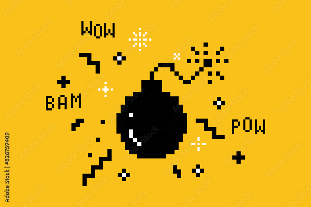 Pixel art bomb. Explosion bomb effect. Pixelated text bam, pow, wow ...