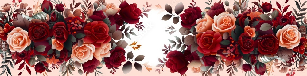 Vibrant Floral Border Design with Red and Pink Roses, Greenery Accents ...