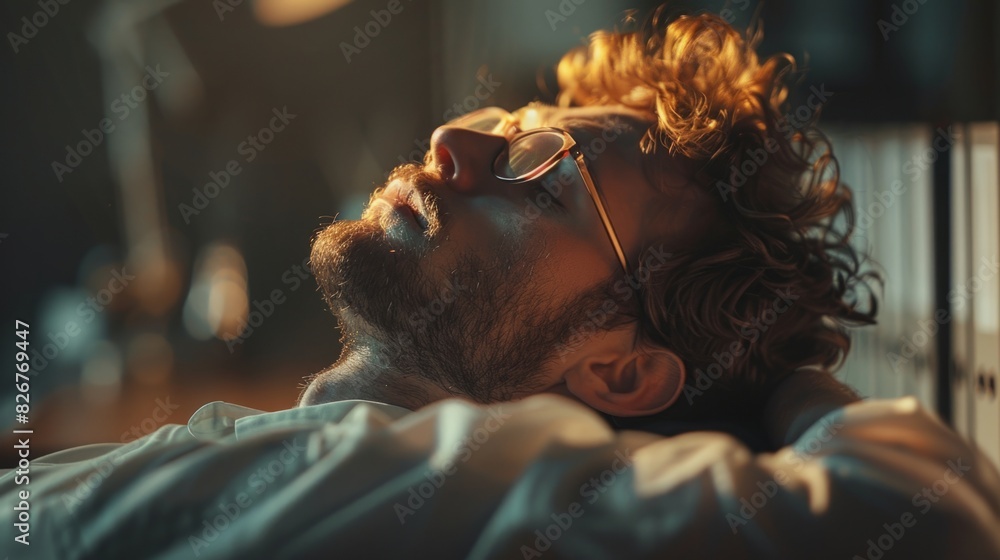 Tired office worker asleep at desk in a dimly lit office, depicting ...