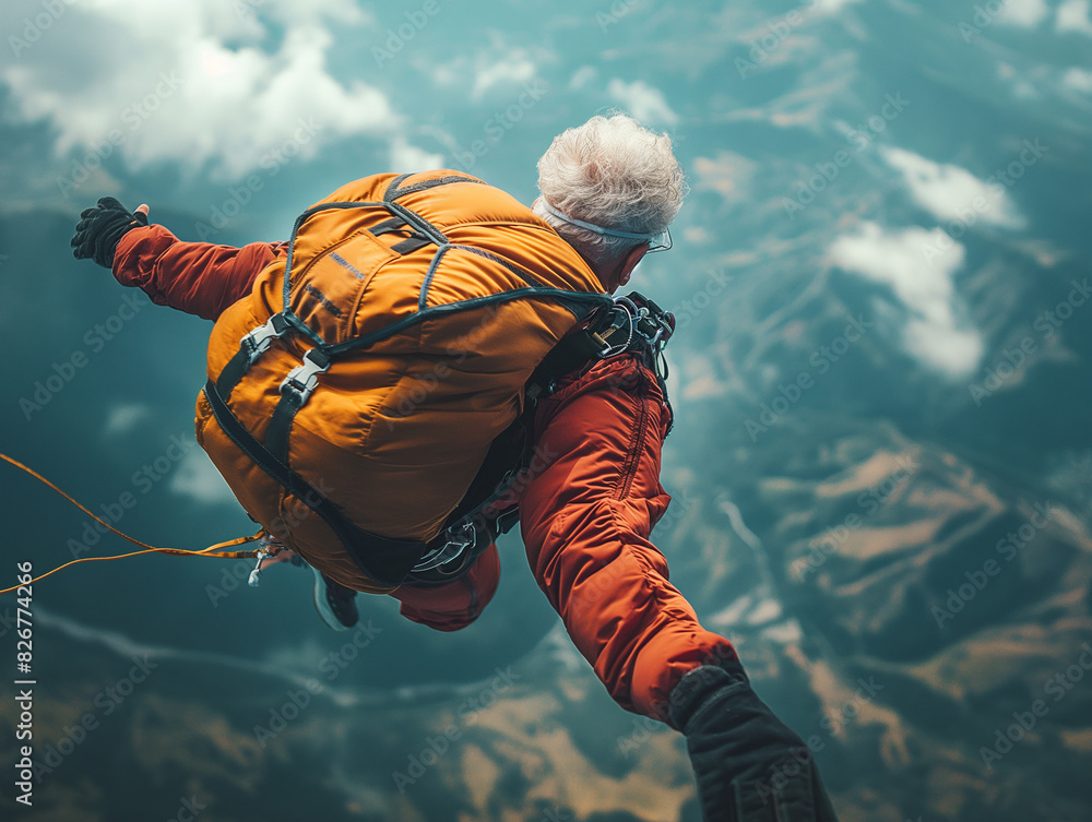old man skydiving with guide, back view, adrenaline and adventure ...