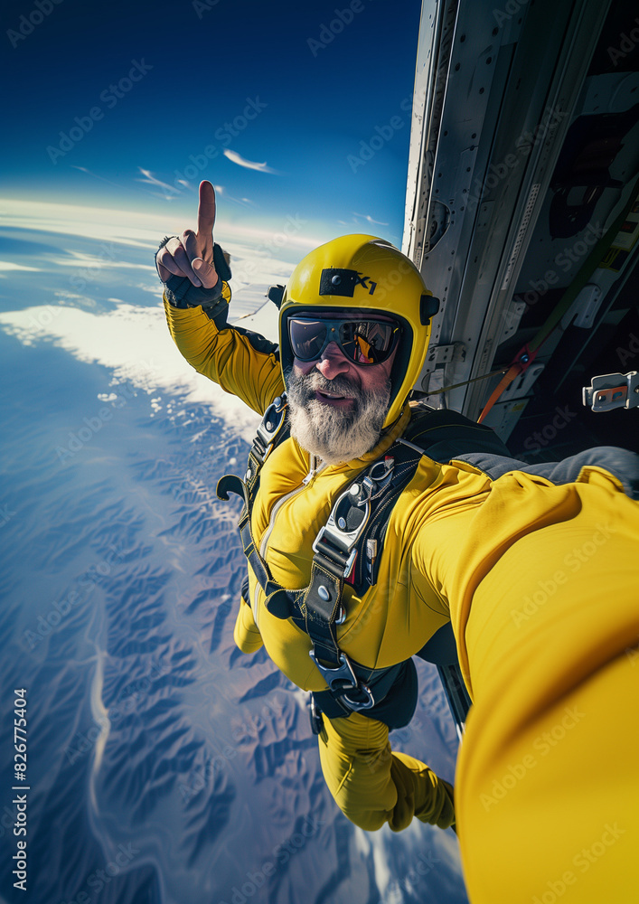 old man skydiving with guide, back view, adrenaline and adventure ...