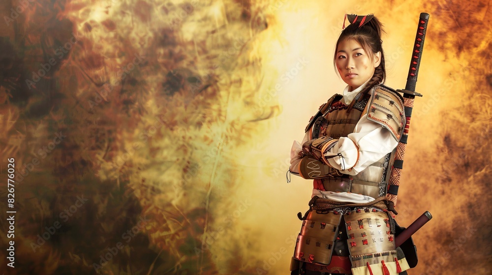 Asian woman in traditional samurai armor with sword on back. Japanese ...