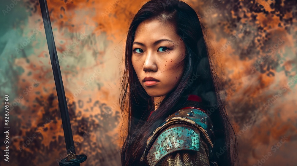 Asian woman in traditional samurai armor with sword on back. Japanese ...