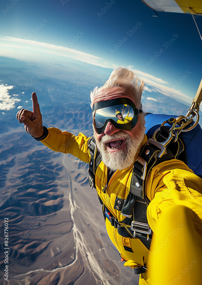 old man skydiving with guide, back view, adrenaline and adventure ...