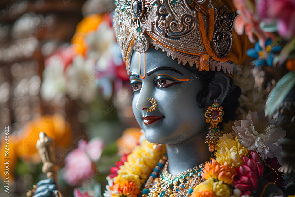 Lord Krishna with flower garland in ethnic attire. Embodiment of Indian ...