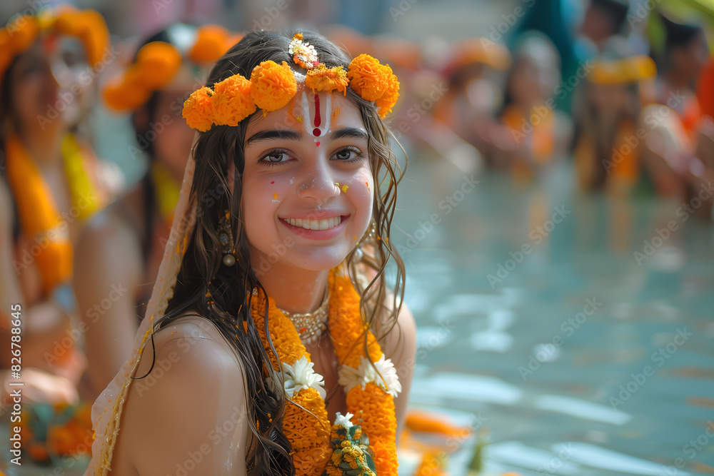 Indian young woman smile, wearing traditional Hindu attire and orange ...