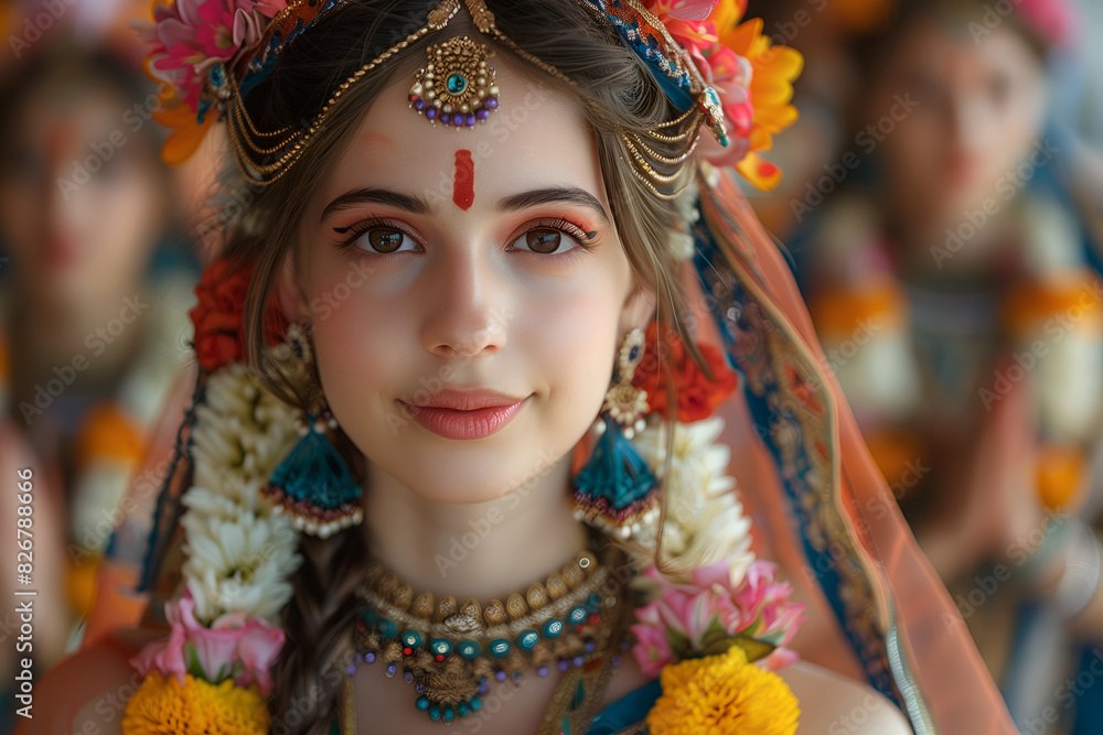 Indian young woman in traditional Hindu outfit, with Bindi dot on ...