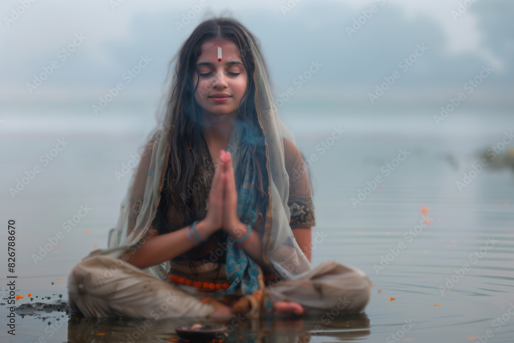 Hindu girl in meditation pose with closed eyes folded hands in prayer ...