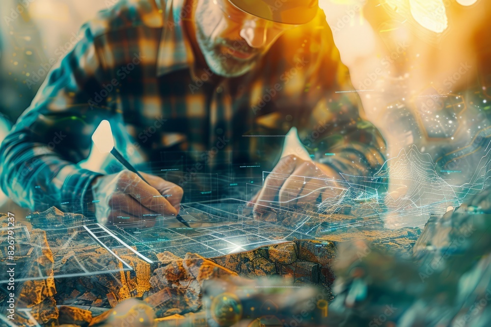 Futuristic Concept: Geologist with geological survey tools, in field ...