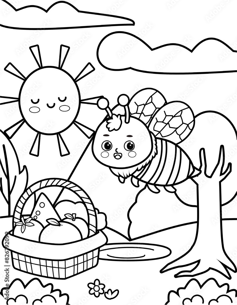 Cute flying honey bee and picnic basket coloring page for kids , spring ...