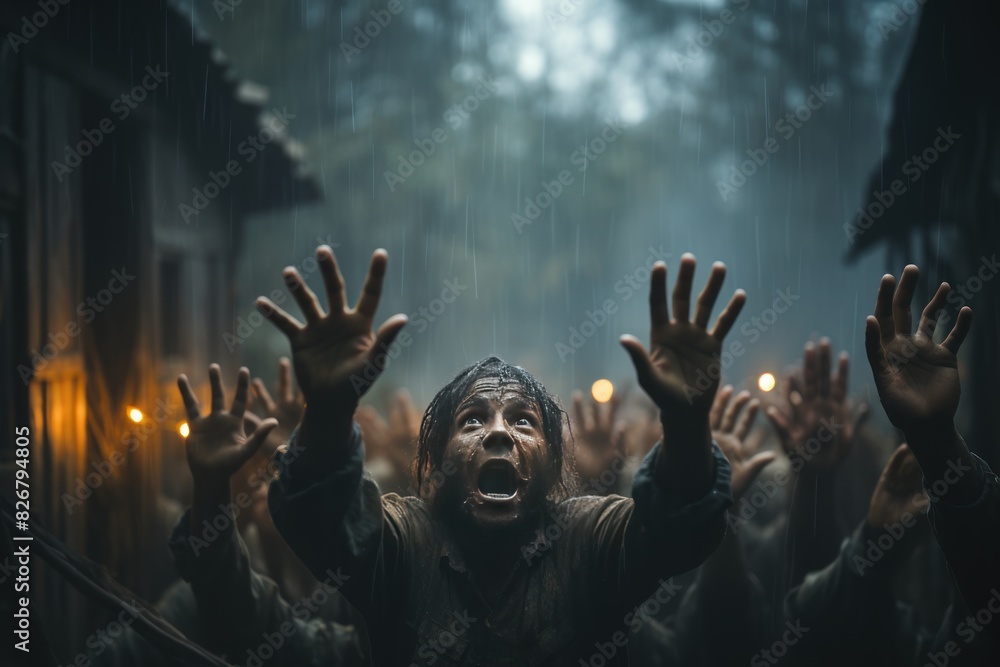 Ghost hand. Spooky many ghost hands outside the window. Halloween ...