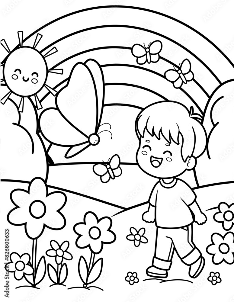 Happy little boy with butterfly coloring page for kids, spring coloring ...