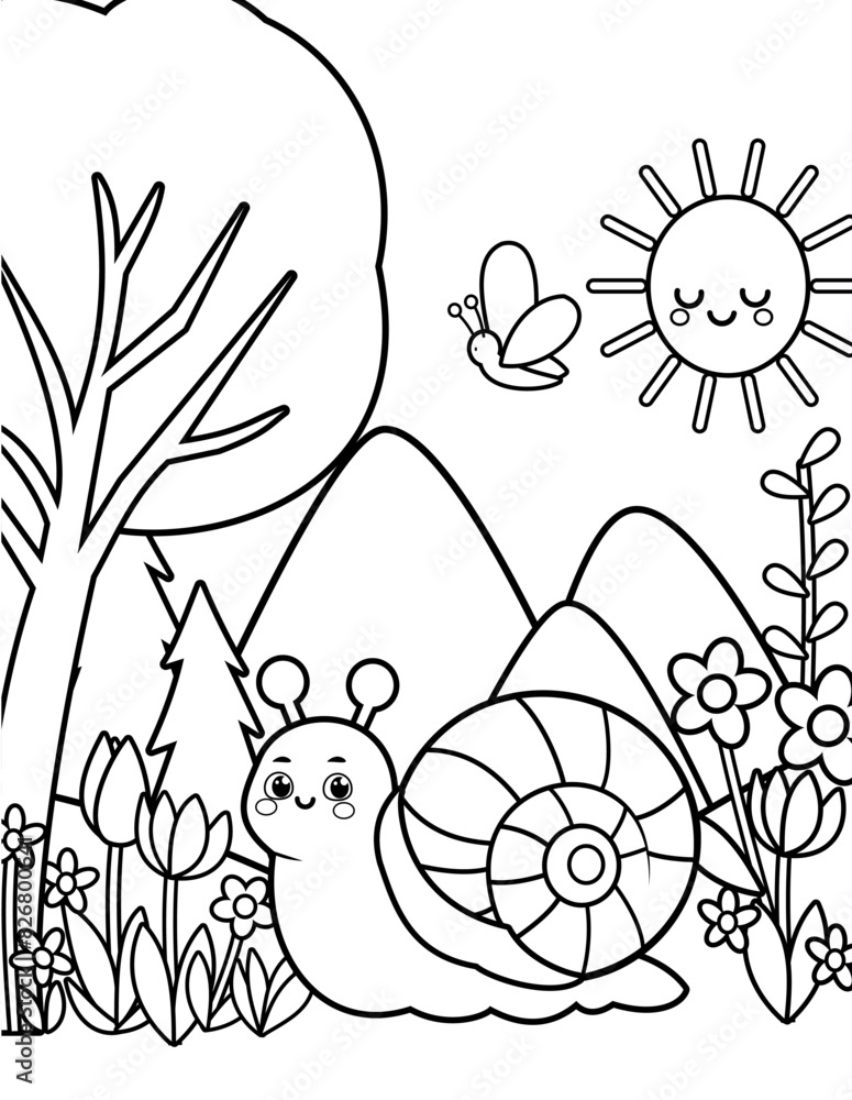 Cute snail coloring page for kids, spring coloring pages for kids Stock ...