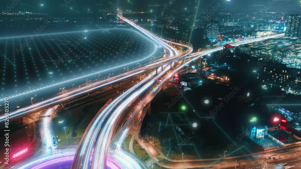 Aerial time lapse hyperlapse futuristic digital city glowing light ...