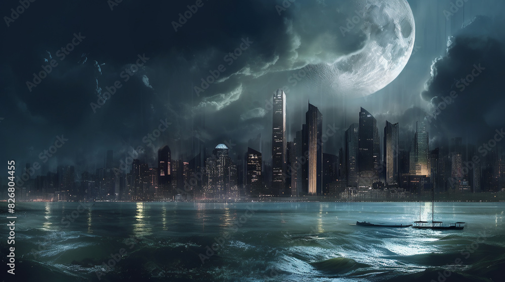 The grandest moon looming over a metropolis rising from the edge of a ...