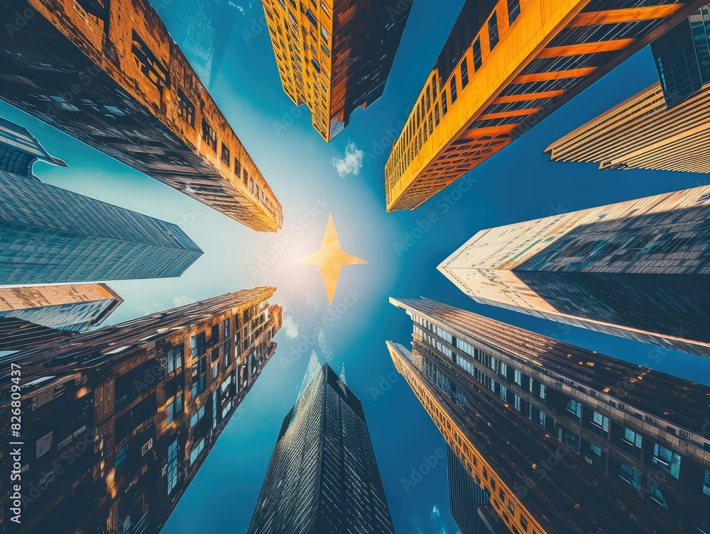 The bottom of view a six high rise buildings with blue sky background ...