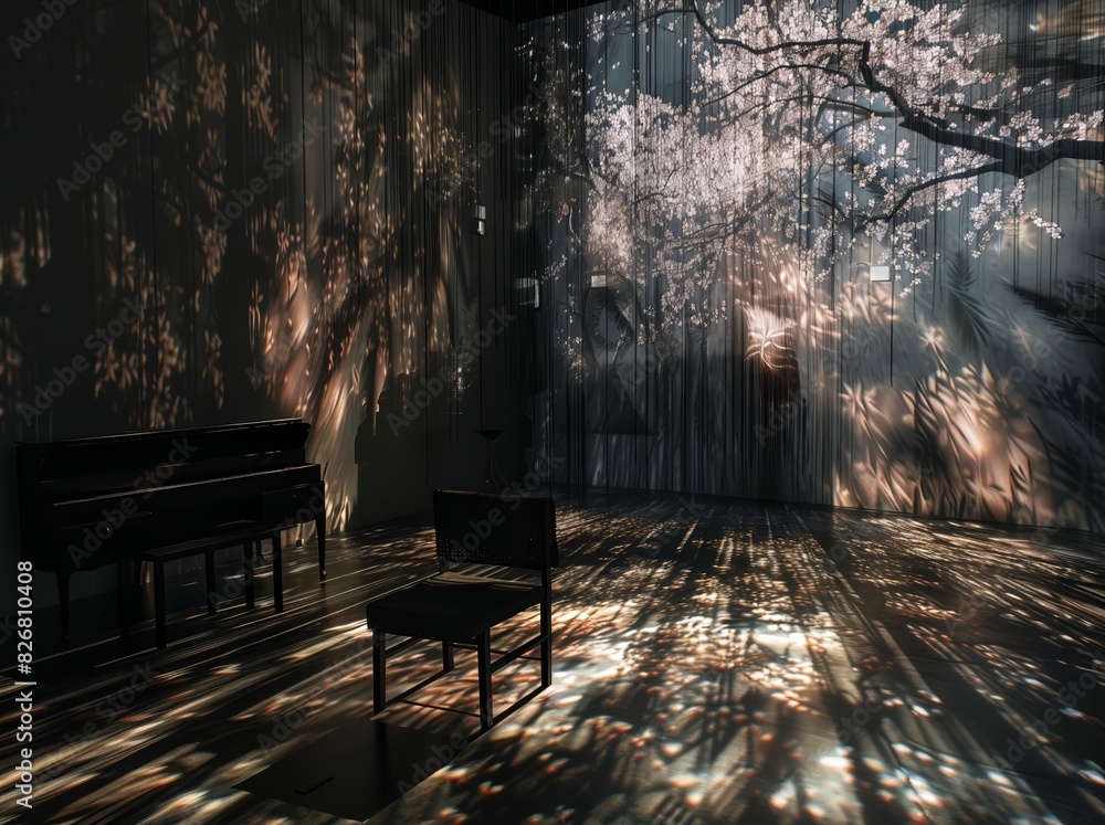 Realistic indoor color photo of an immersive art installation showing ...