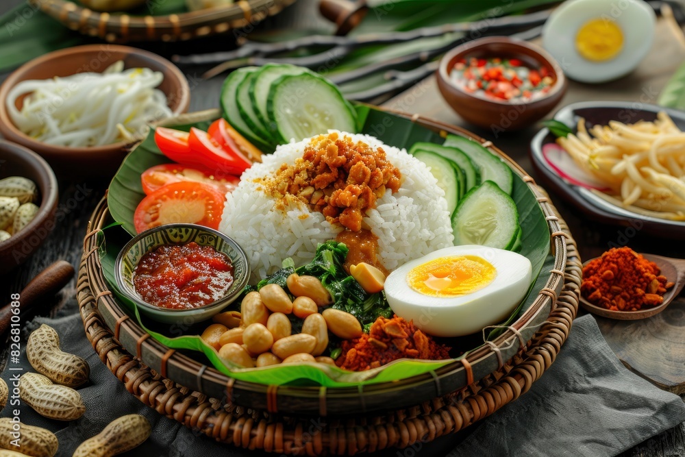 Nasi Pecel, Indonesia Food Rice and Vegetables with Boiled Egg and ...