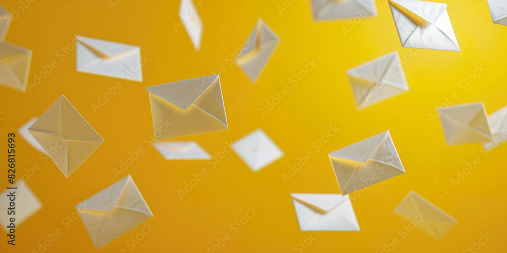 Letter envelopes falling, yellow background Stock Photo | Adobe Stock