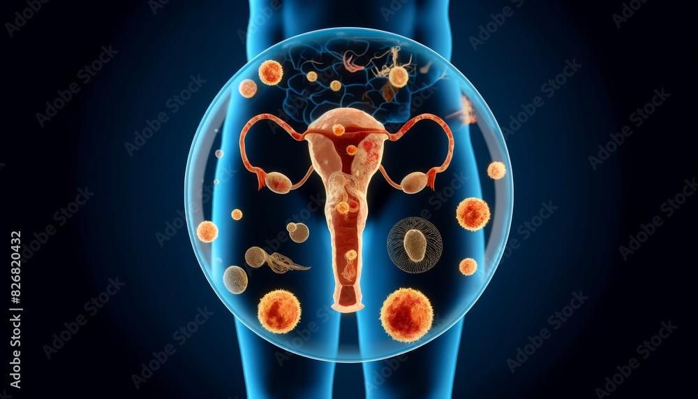 A detailed medical illustration of the female reproductive system ...