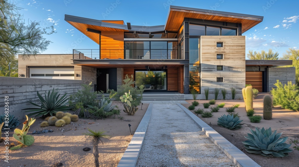 : A contemporary suburban house with a cantilevered second floor and a ...