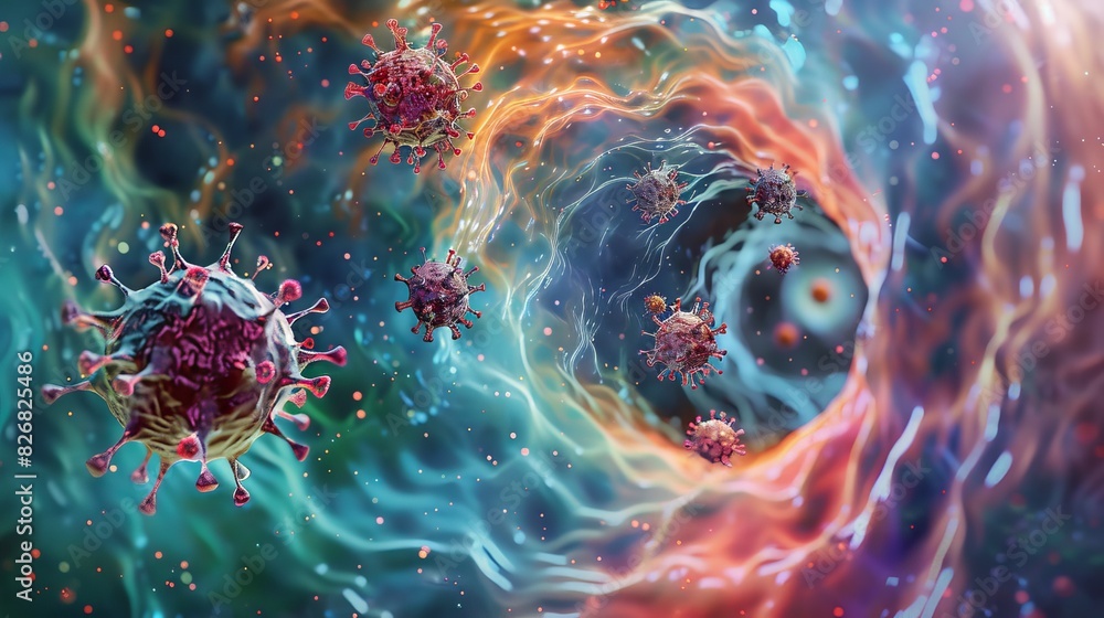 The image shows a glowing virus-like particle. The colors are vibrant ...