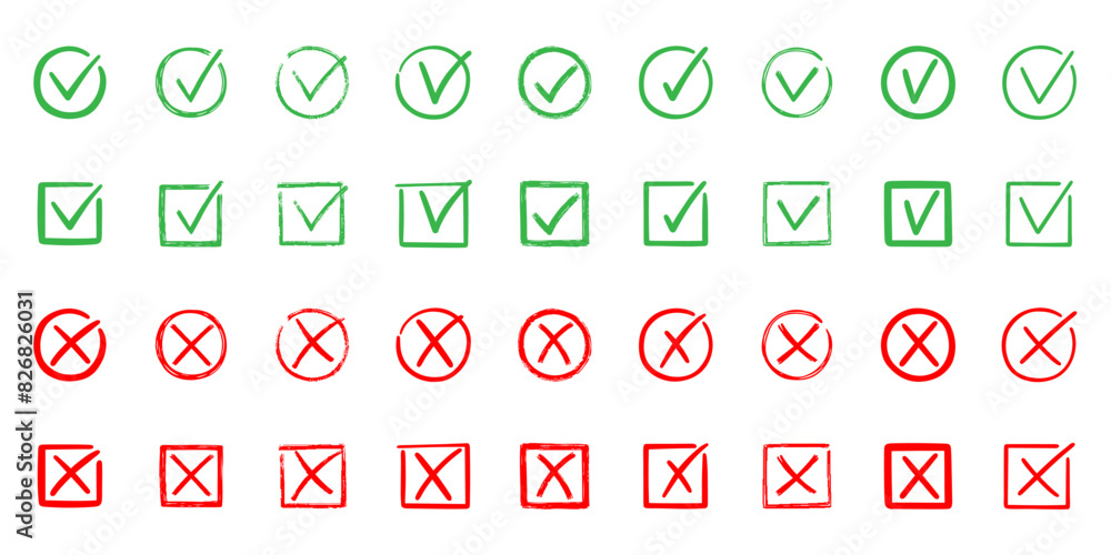 Check marks doodle set. Checkbox, checklist, tick and cross signs, v and x in sketch style. Hand ...