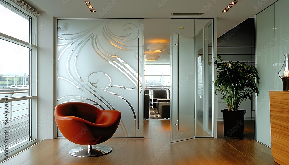 A modern glass door design with etched patterns inspired by the Mordent ...