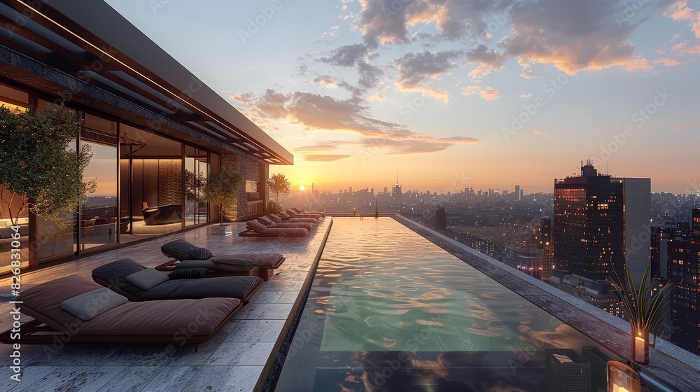 Amazing rooftop infinity pool with a stunning city view. Stock Photo ...