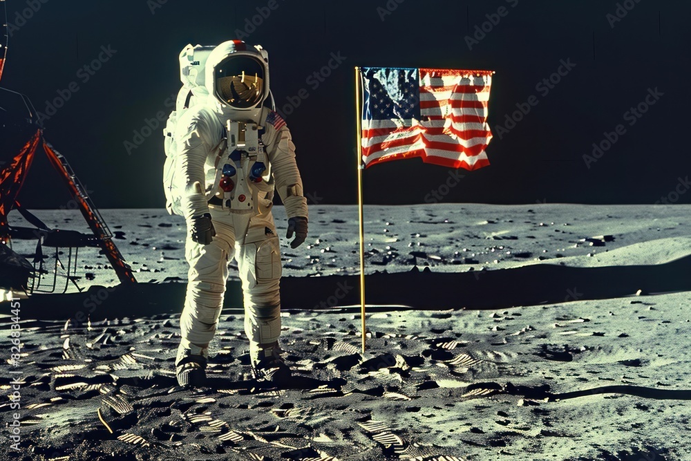 Astronaut placing an american flag on the moon, space exploration ...