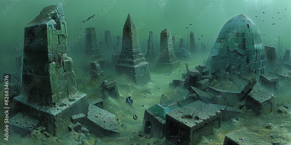 Underwater city ruins with ancient buildings, pyramids, and structures ...