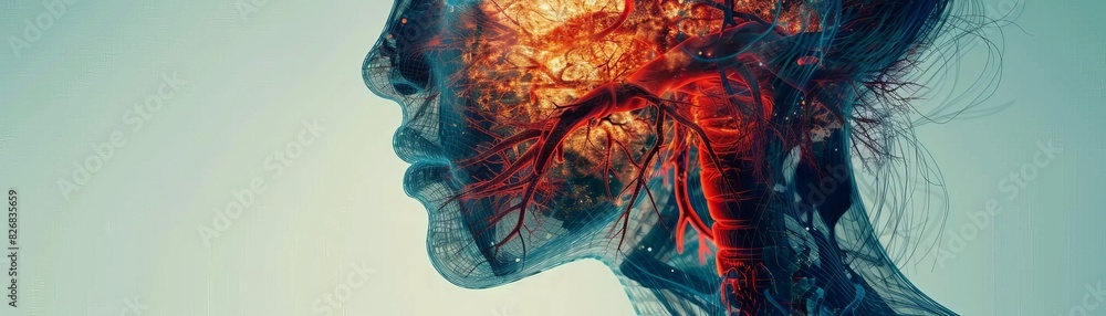 Artistic representation of a human head with transparent overlay ...