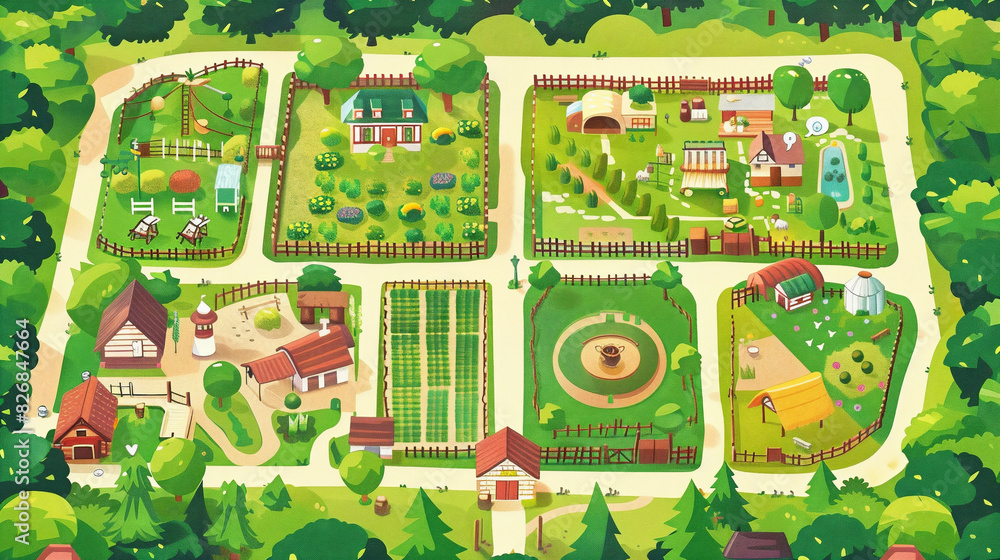 cute style cartoon map of the farm, simple lines, green background ...