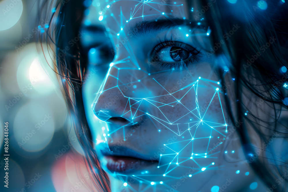Closeup of woman with ai facial recognition biometric system. digital ...