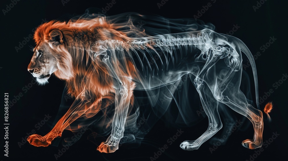 X-ray film of lion lateral view closed up in head and half body ...