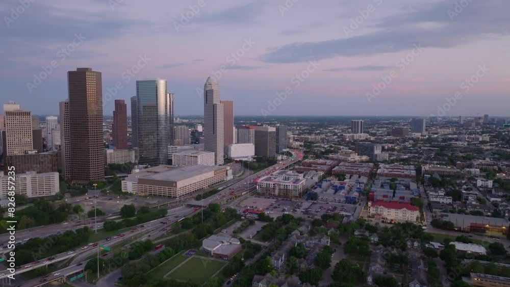 Captivating aerial view of Houston skyline at twilight, featuring ...
