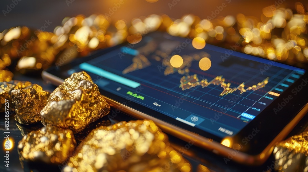 A digital device showing overlaid graphs of gold prices and investment ...