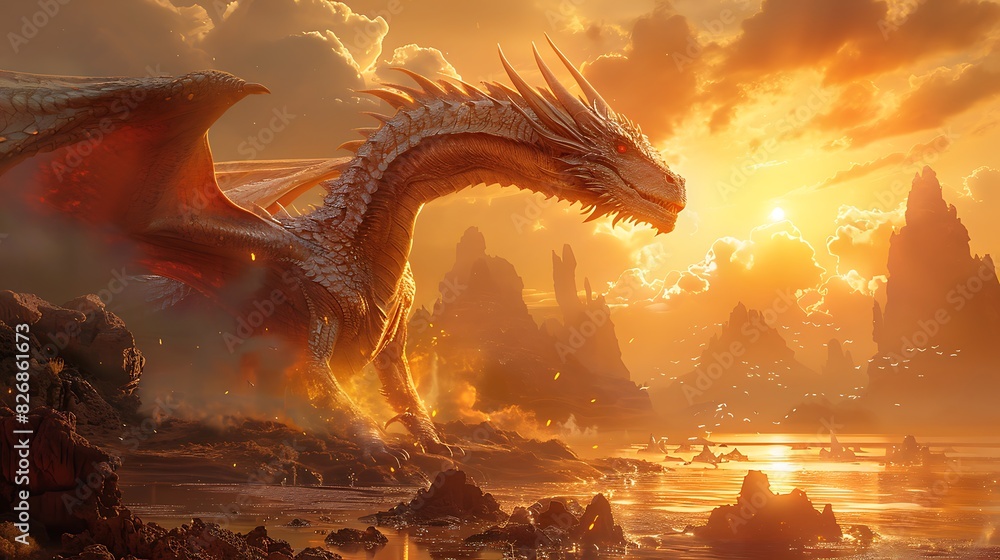 dragonlike alien with scales that change color on a volcanic planet ...