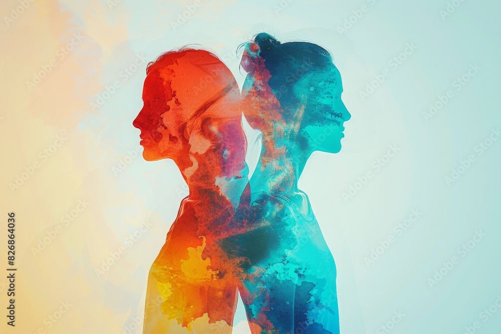 Double exposure of two women facing opposite directions with vibrant ...