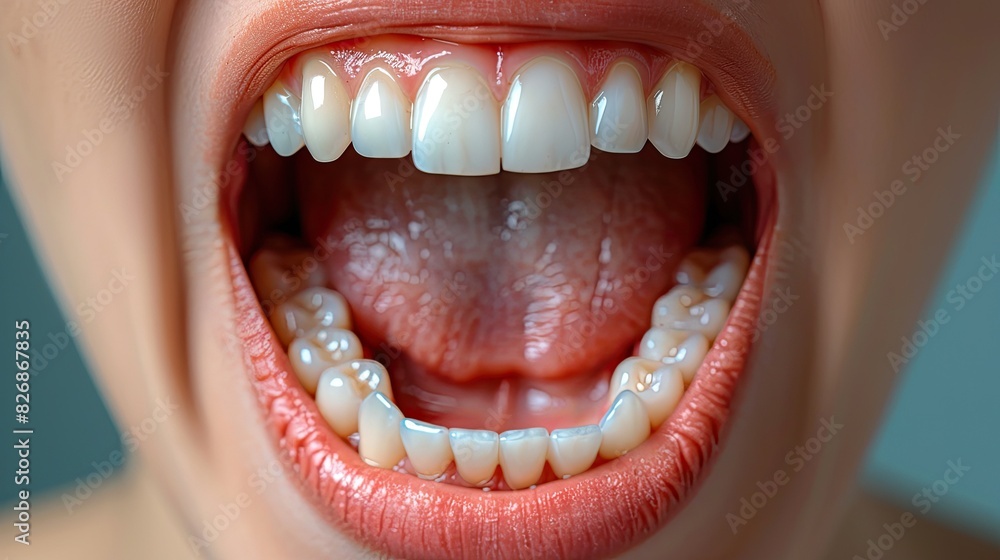 Close-up photo of a human mouth wide open, revealing teeth, tongue and ...