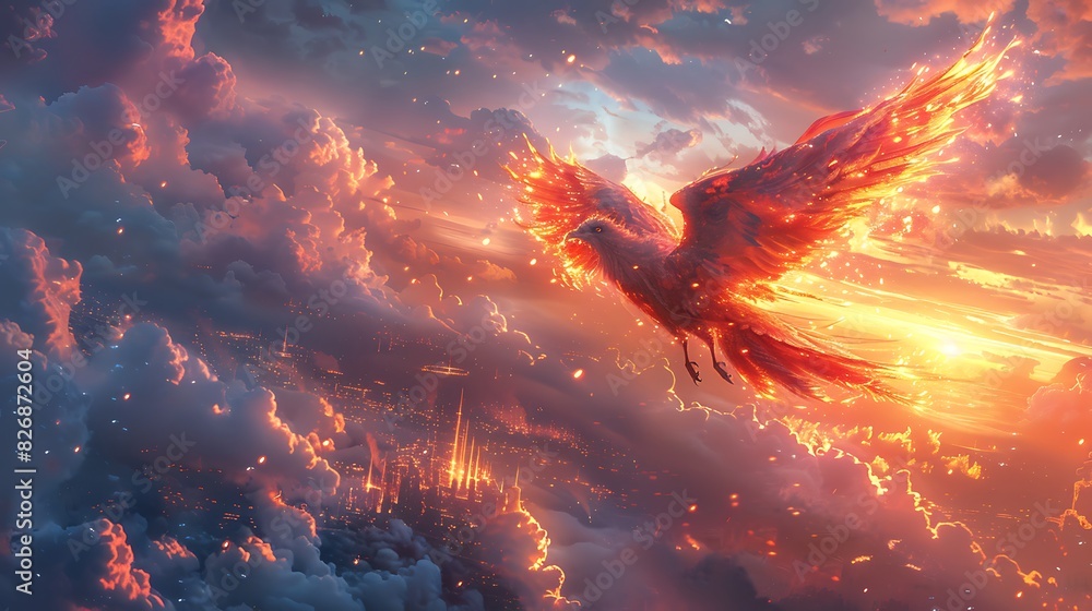 avian alien with wings made of energy on a cloudcovered planet with ...